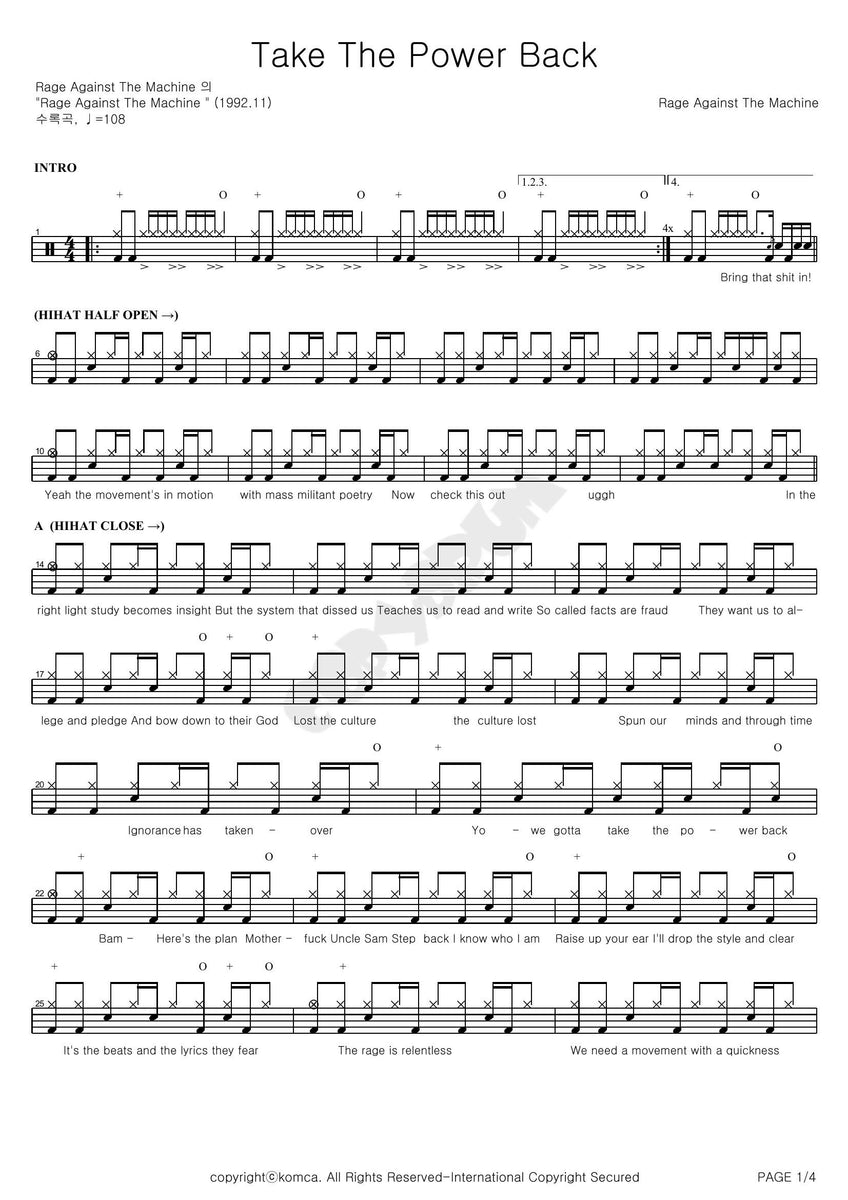 Take The Power Back - RATM - Full Drum Transcription / Drum Sheet Musi ...