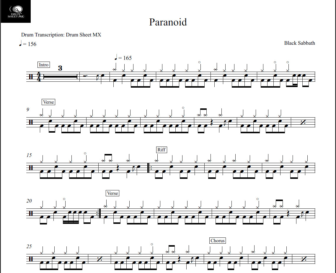 Paranoid - Black Sabbath - Drum Sheet Music - Drum Sheet MX ...