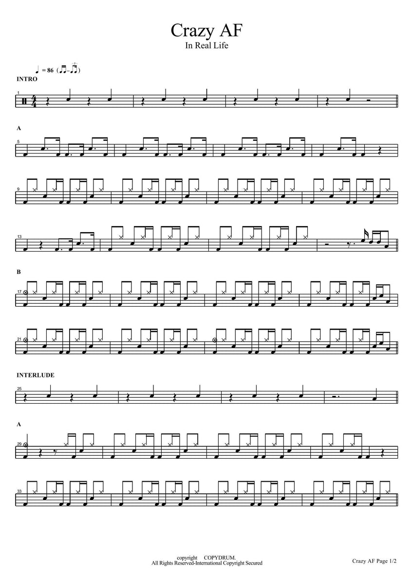 Crazy AF - In Real Life - Full Drum Transcription / Drum Sheet Music ...