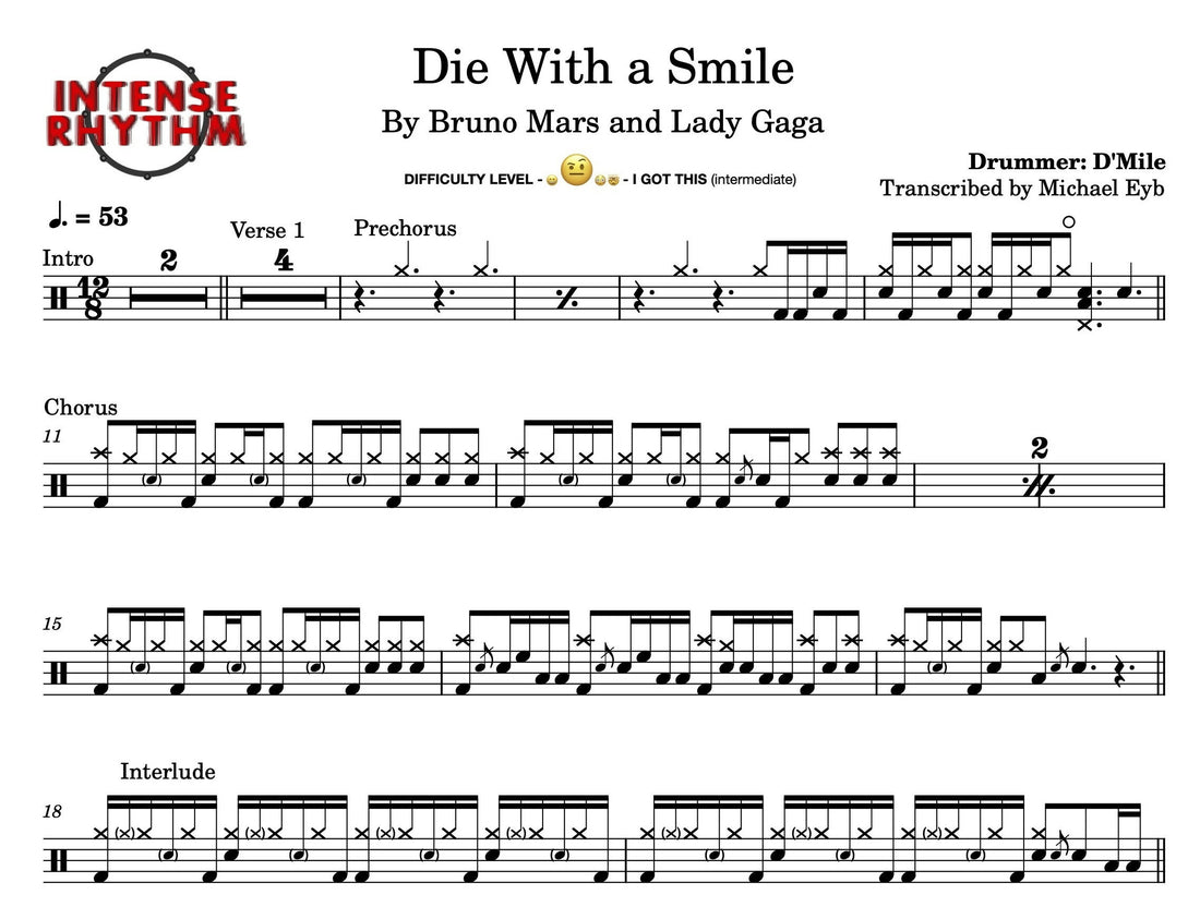 Die With a Smile - Lady Gaga & Bruno Mars - Drum Sheet Music - Intense ...