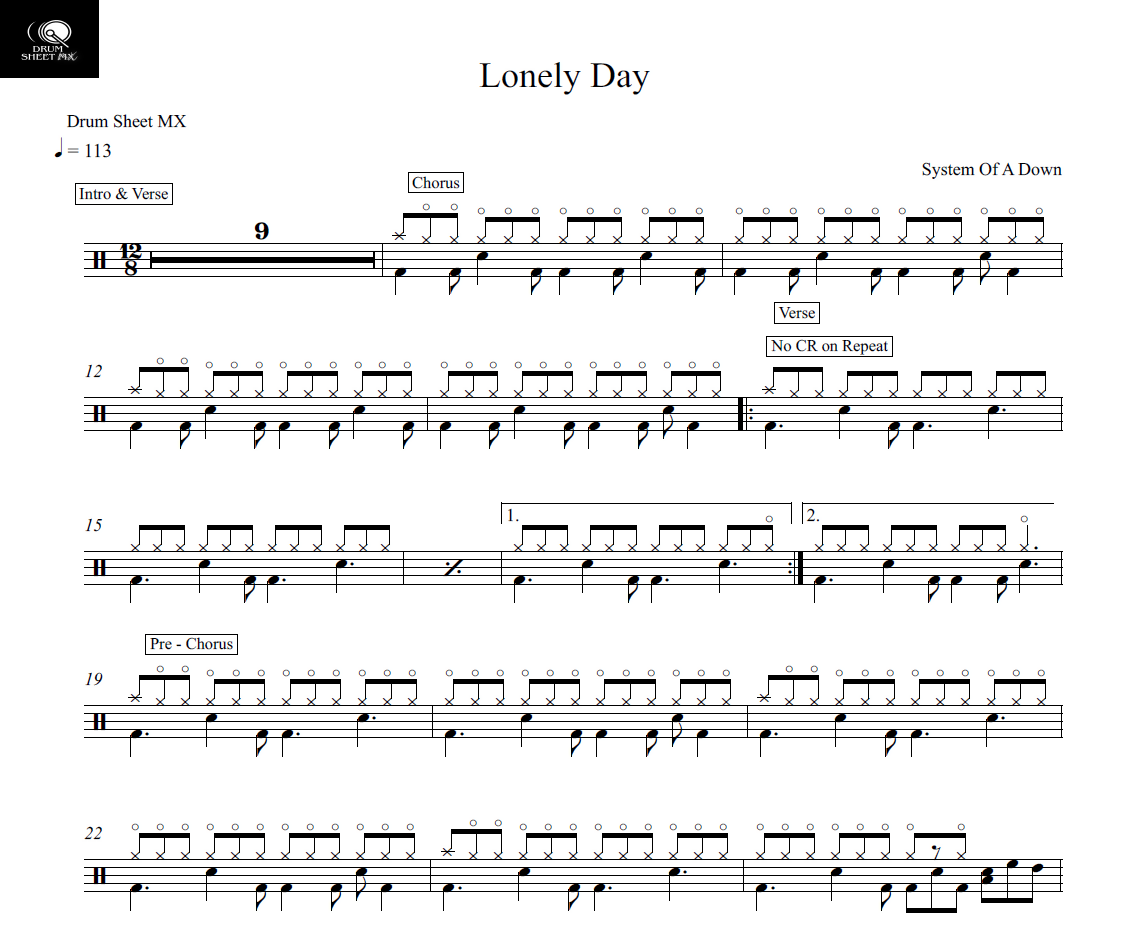Lonely Day - System of a Down - Drum Sheet Music - Drum Sheet MX ...