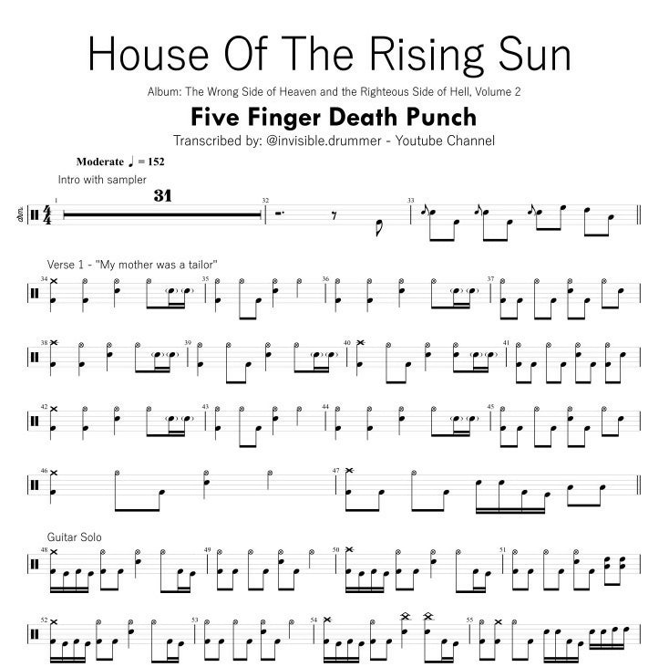 House of the Rising Sun - Five Finger Death Punch - Drum Sheet Music ...