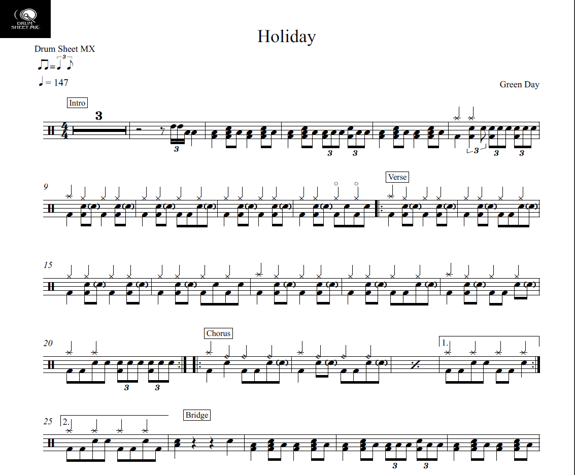 Holiday - Green Day - Drum Sheet Music - Drum Sheet MX – DrumSetSheetMusic