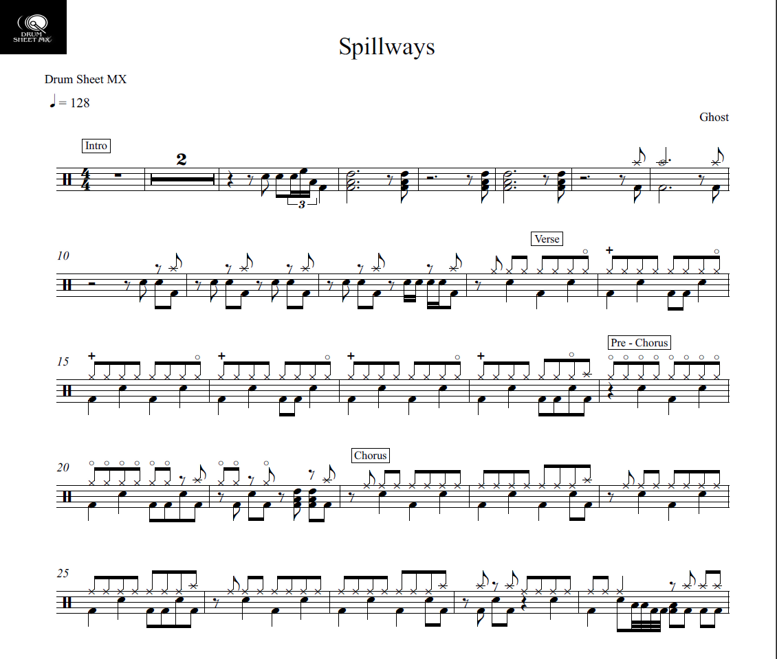 Spillways - Ghost - Drum Sheet Music - Drum Sheet MX – DrumSetSheetMusic