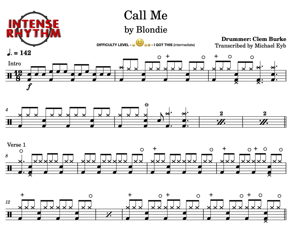 Call Me - Blondie - Drum Sheet Music - Intense Rhythm Drum Studios ...