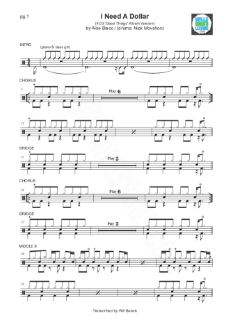 I Need a Dollar - Aloe Blacc - Drum Sheet Music - AriaMus.com ...