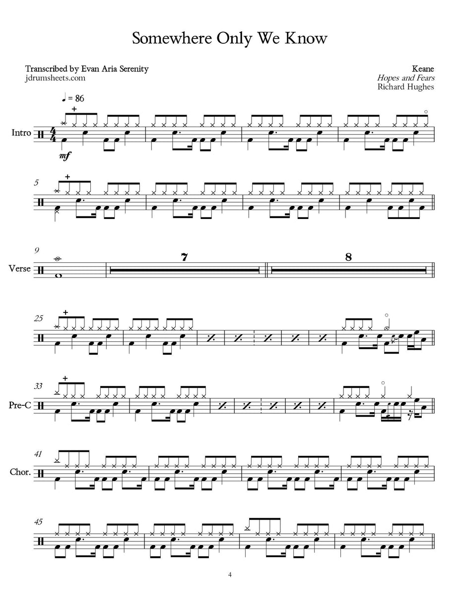 Somewhere Only We Know - Keane - Drum Sheet Music - Jaslow Drum Sheets ...
