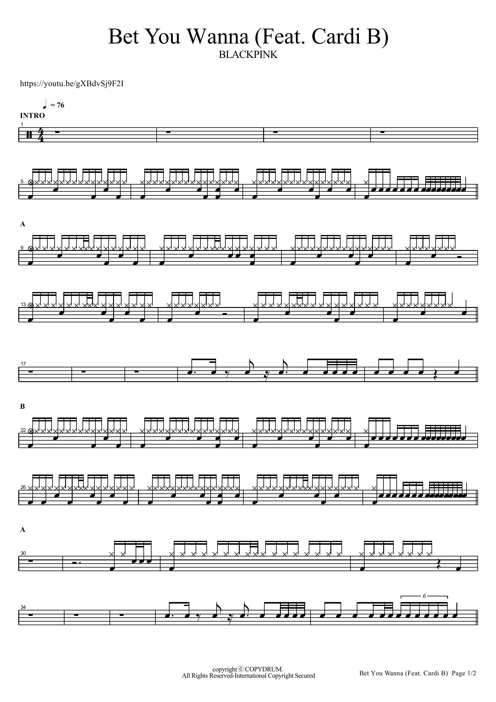 Bet You Wanna (feat. Cardi B) - Blackpink (블랙핑크) - Drum Sheet Music ...