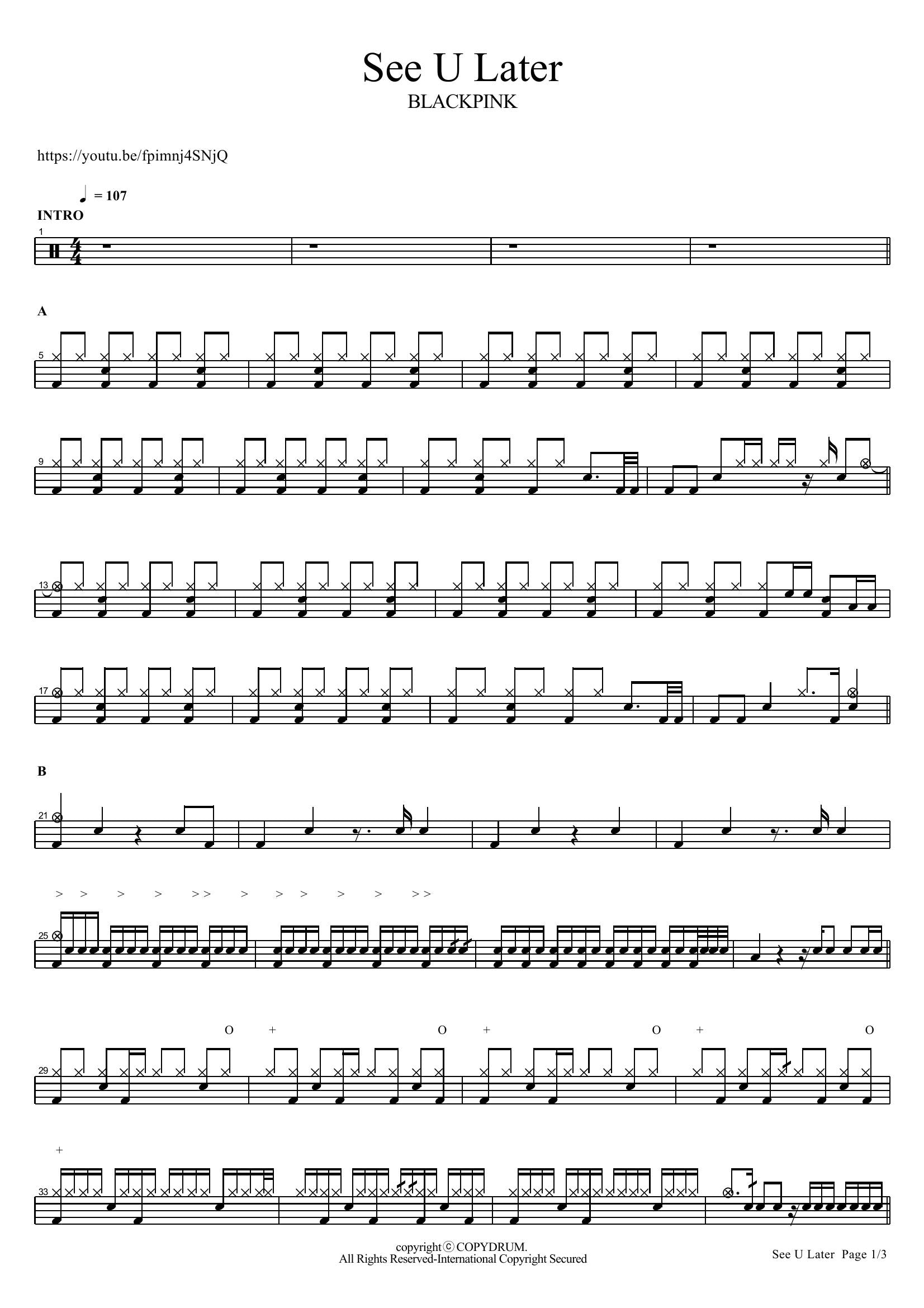 See U Later - Blackpink (블랙핑크) - Drum Sheet Music - COPYDRUM ...