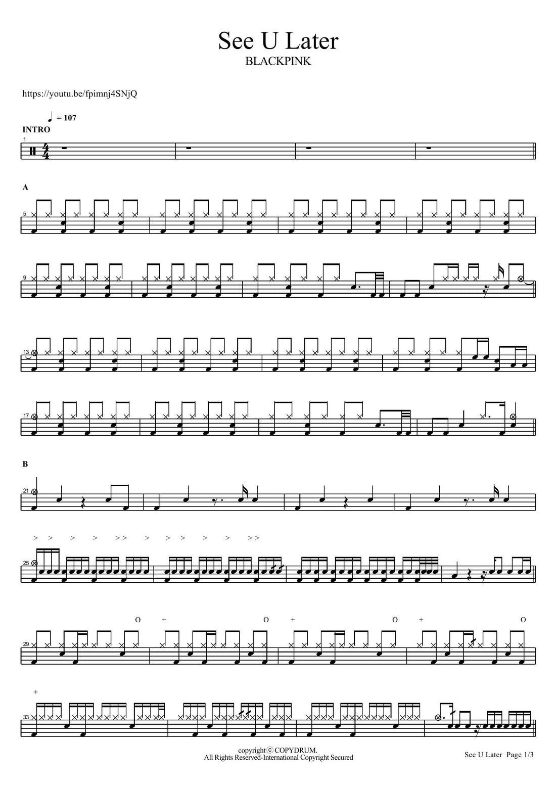 See U Later - Blackpink (블랙핑크) - Drum Sheet Music - COPYDRUM ...
