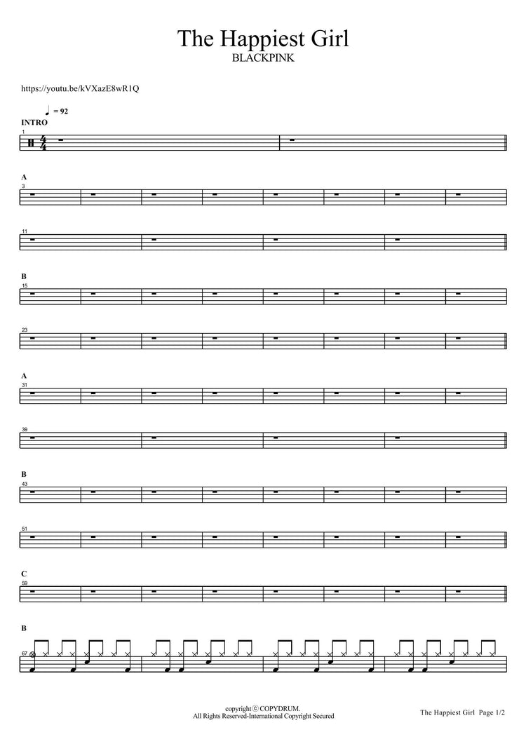 The Happiest Girl - Blackpink (블랙핑크) - Drum Sheet Music - COPYDRUM ...