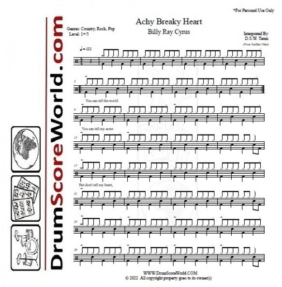 Achy Breaky Heart - Billy Ray Cyrus - Drum Sheet Music - DrumScoreWorld ...