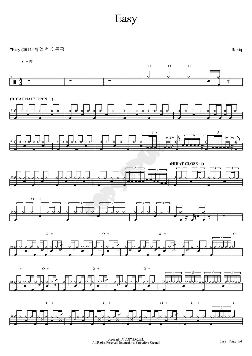 Easy - Robiq - Full Drum Transcription / Drum Sheet Music - COPYDRUM ...