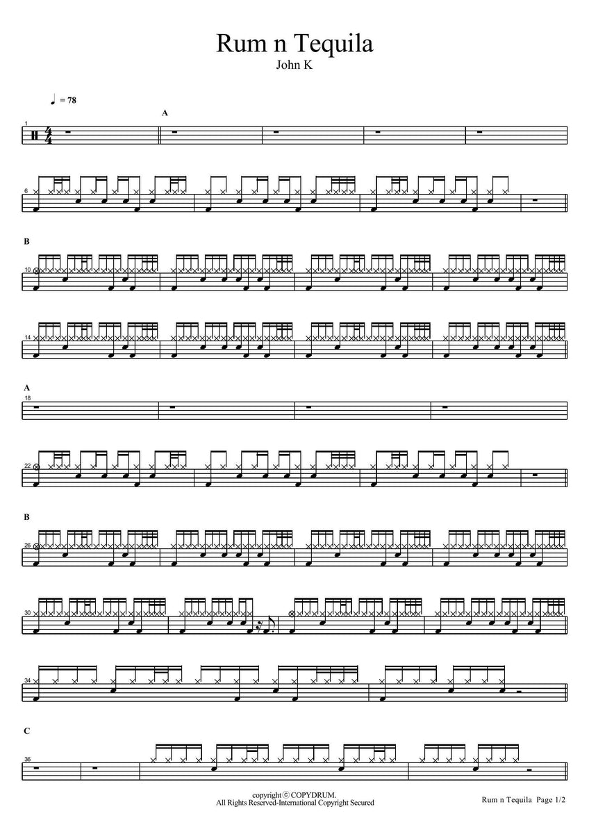 Rum n Tequila - John K - Full Drum Transcription / Drum Sheet Music ...