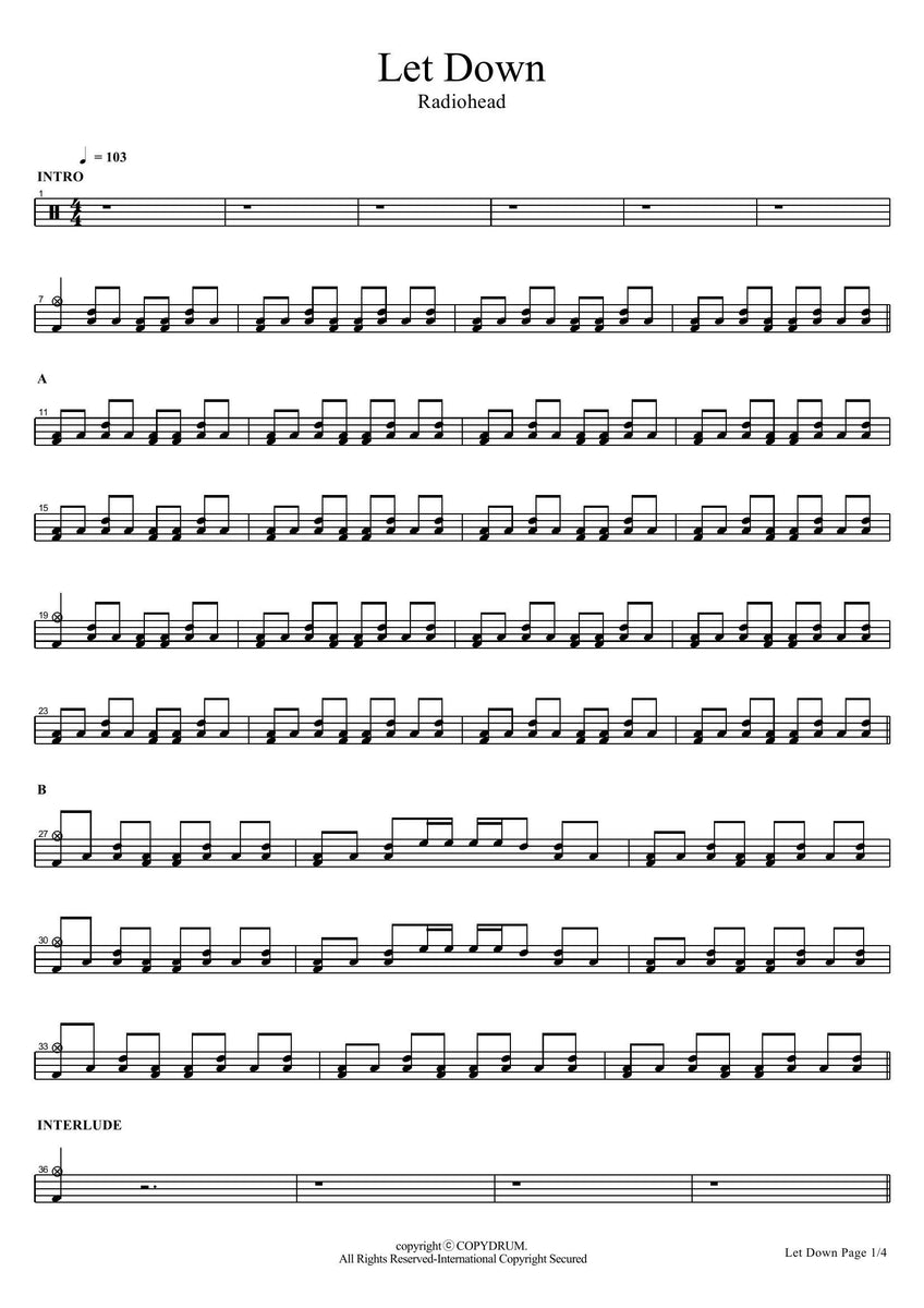 Let Down - Radiohead - Full Drum Transcription / Drum Sheet Music - CO ...