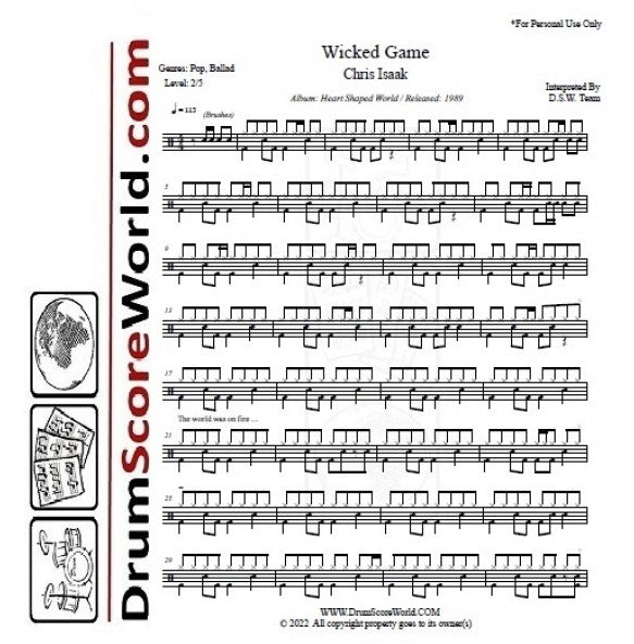 Wicked Game - Chris Isaak - Drum Sheet Music - DrumScoreWorld.com ...