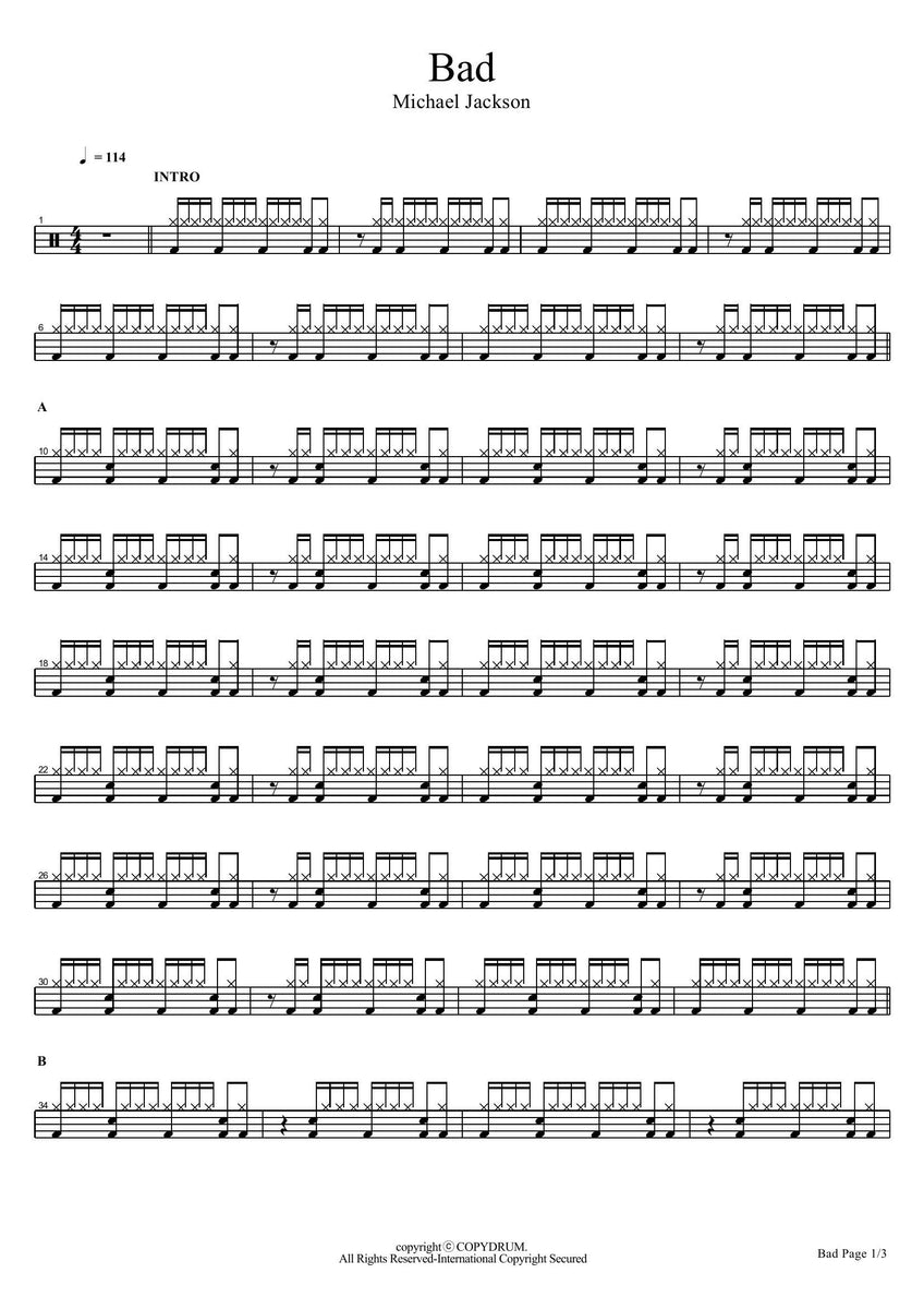 Bad - Michael Jackson - Full Drum Transcription / Drum Sheet Music - C ...