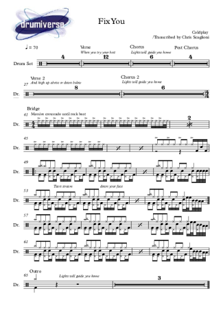 Fix You - Coldplay - Drum Sheet Music - AriaMus.com – DrumSetSheetMusic