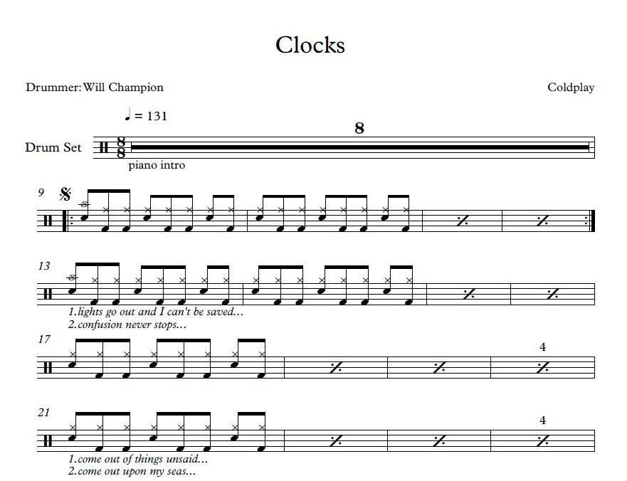Clocks - Coldplay - Full Drum Transcription / Drum Sheet Music - Frank ...
