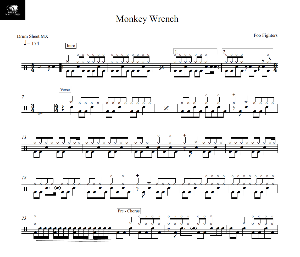 Monkey Wrench - Foo Fighters - Full Drum Transcription / Drum Sheet Mu ...