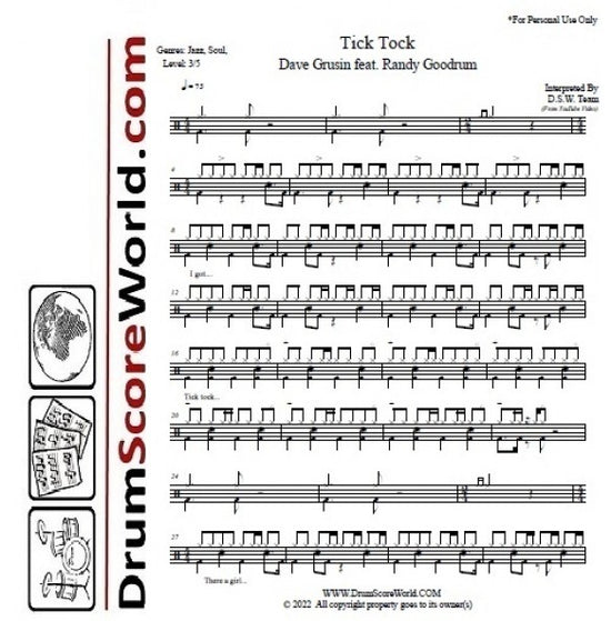 Tick Tock - Dave Grusin - Drum Sheet Music - DrumScoreWorld.com ...