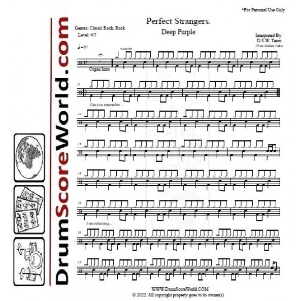Perfect Strangers - Deep Purple - Drum Sheet Music - DrumScoreWorld.com ...