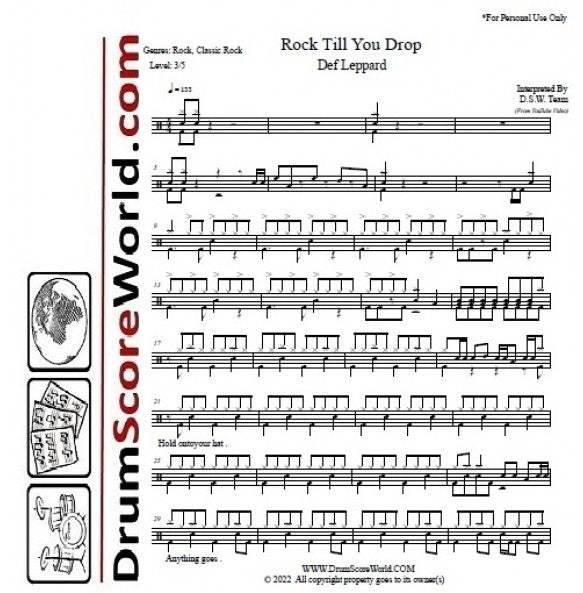 Rock! Rock! (Till You Drop) - Def Leppard - Drum Sheet Music ...