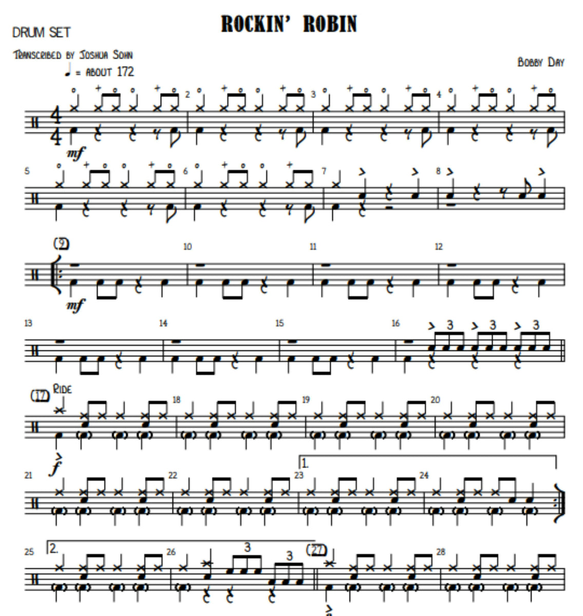 Rockin' Robin - Bobby Day - Drum Sheet Music - Sohn Compositions ...