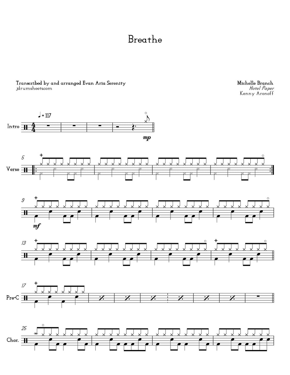 Breathe - Michelle Branch - Drum Sheet Music - Jaslow Drum Sheets ...
