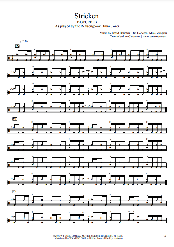 Stricken - Disturbed - Drum Sheet Music - Realsongbook – DrumSetSheetMusic