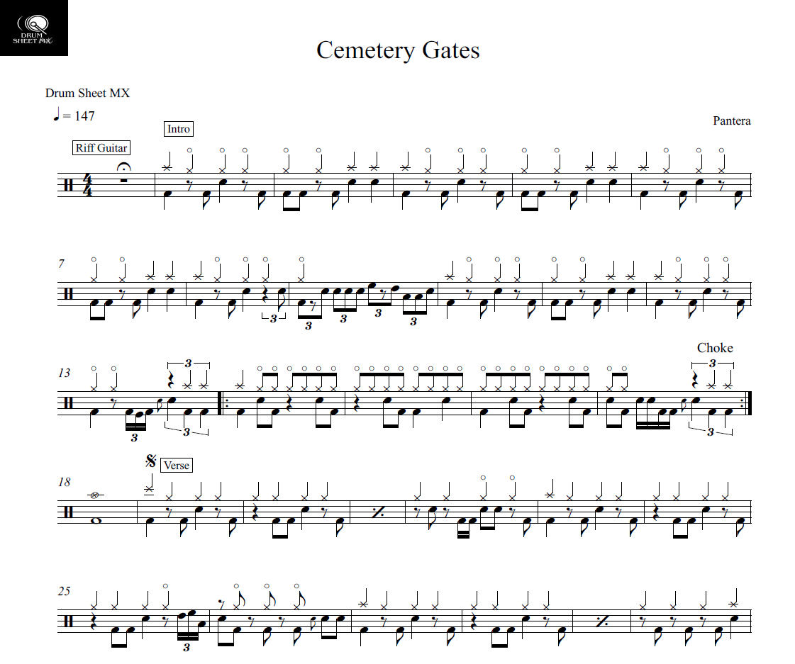 Cemetery Gates - Pantera - Drum Sheet Music - Drum Sheet MX ...