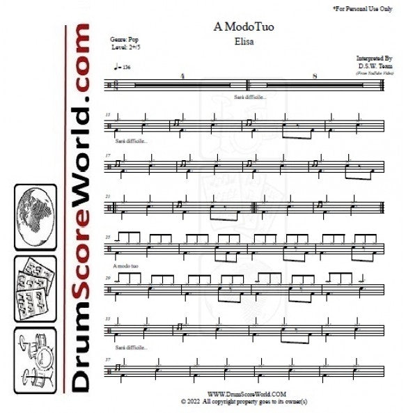 A Modo Tuo - Elisa - Drum Sheet Music - DrumScoreWorld.com ...