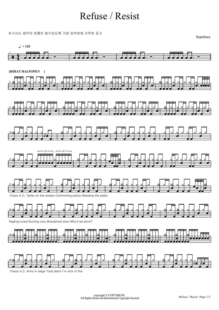 Refuse / Resist - Sepultura - Drum Sheet Music - COPYDRUM ...