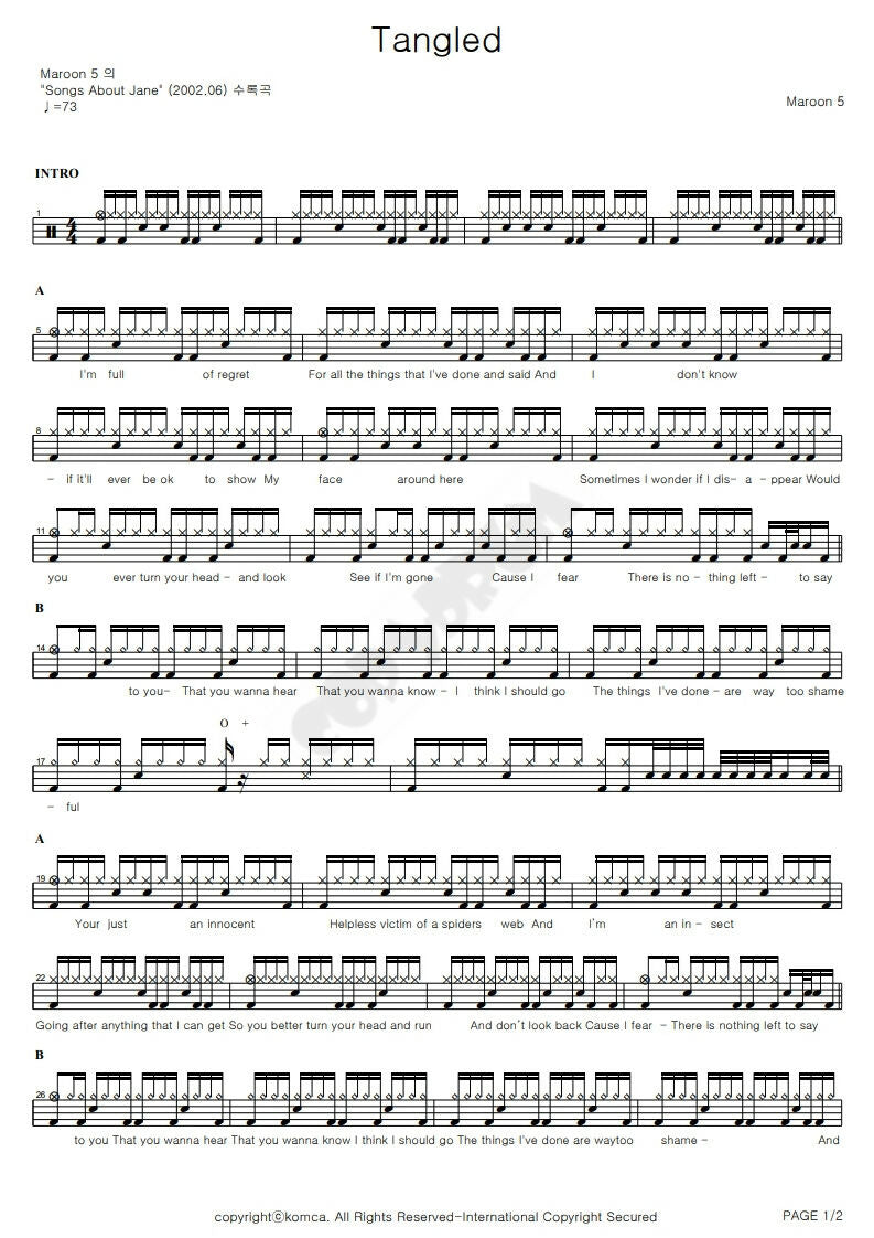 Tangled - Maroon 5 - Drum Sheet Music - COPYDRUM – DrumSetSheetMusic