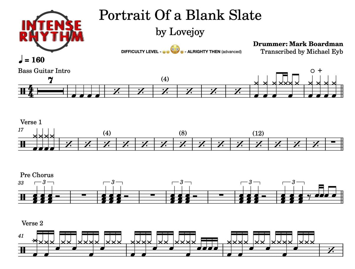 Portrait of a Blank Slate - Lovejoy - Drum Sheet Music - Intense Rhythm ...