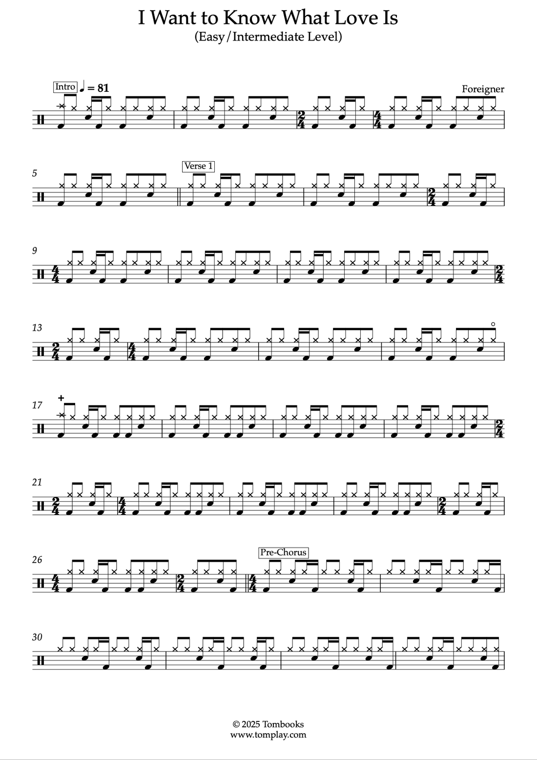 I Want to Know What Love Is - Foreigner - Drum Sheet Music - TomPlay ...