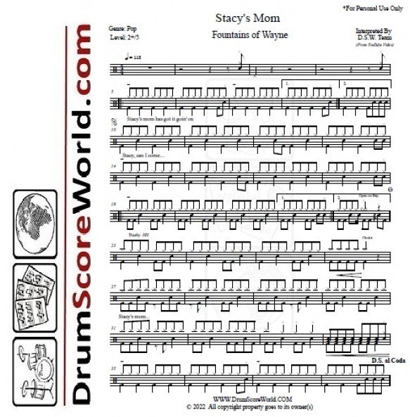 Stacy's Mom - Fountains of Wayne - Drum Sheet Music - DrumScoreWorld ...