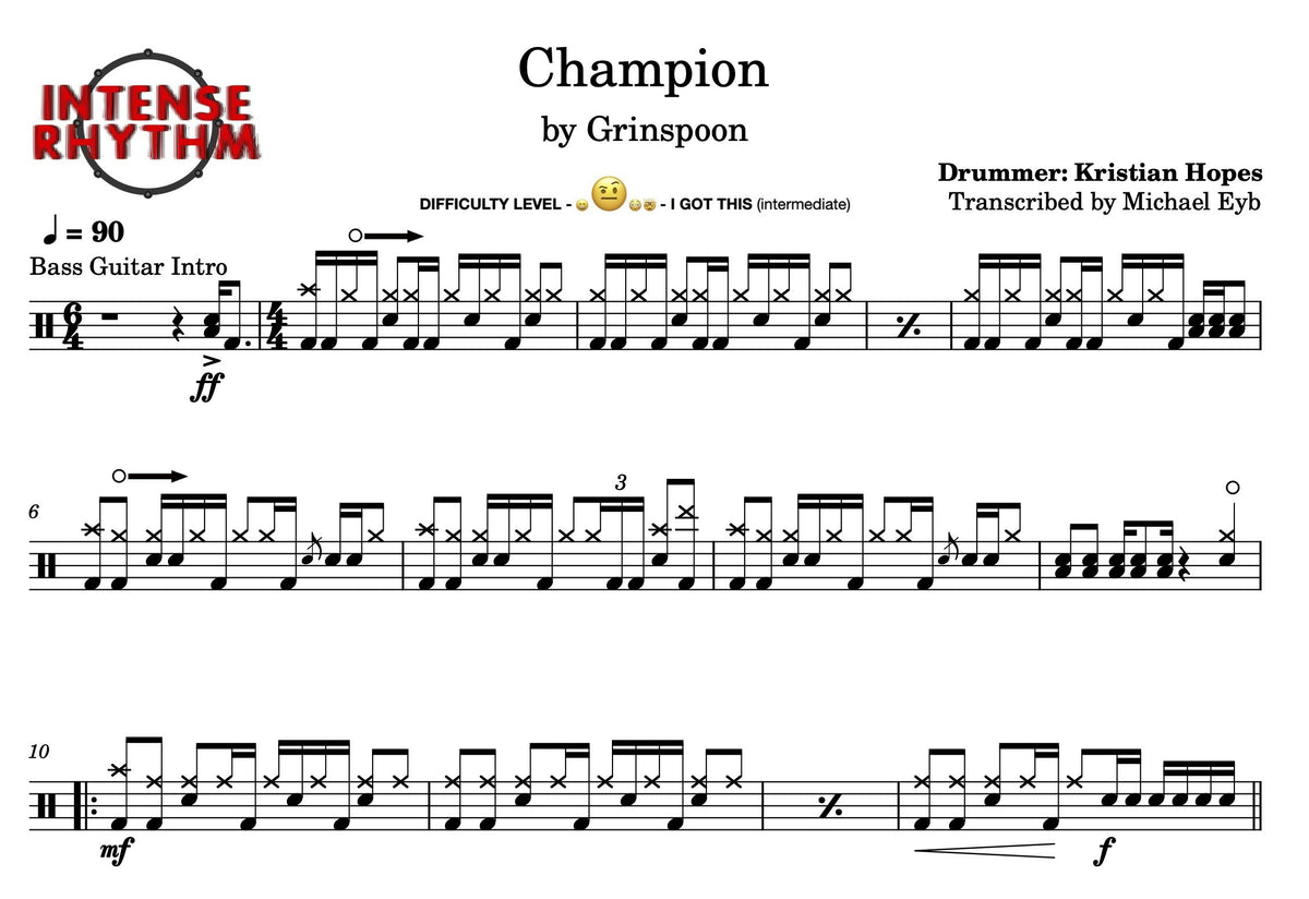 Champion - Grinspoon - Drum Sheet Music - Intense Rhythm Drum Studios ...