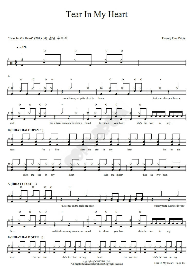 Tear in My Heart - Twenty One Pilots - Drum Sheet Music - COPYDRUM ...