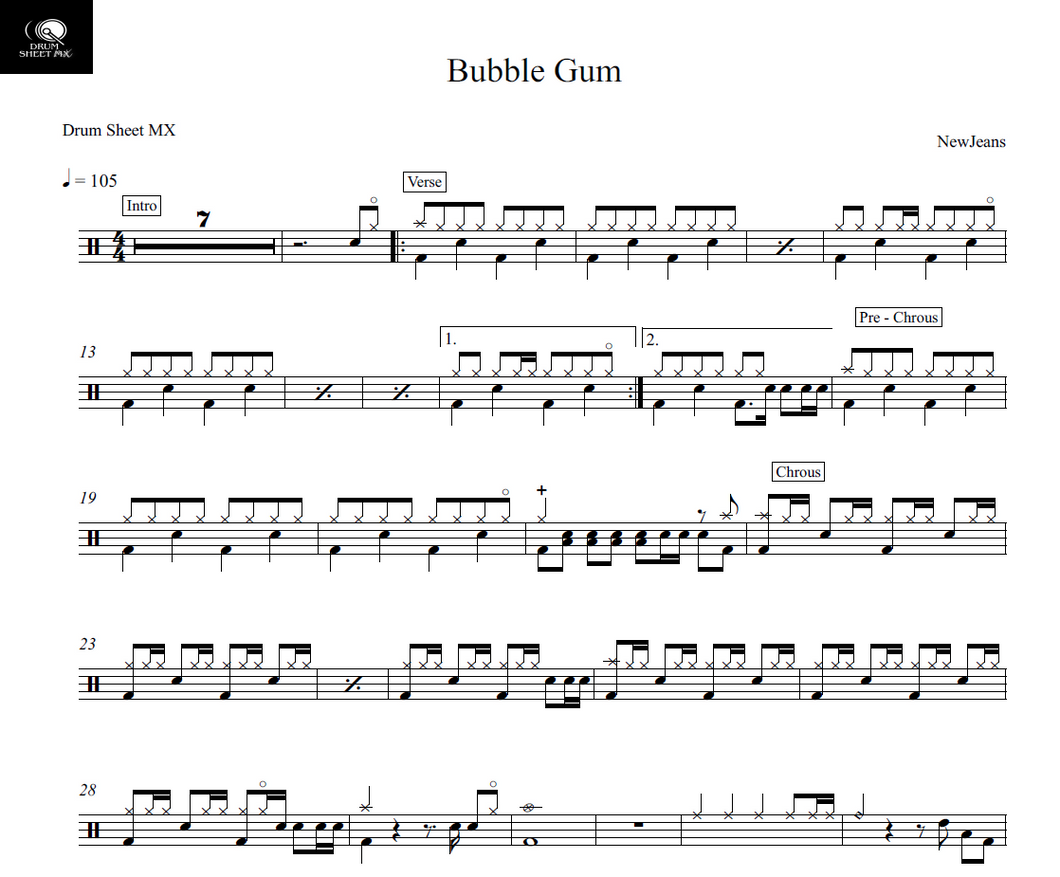 Bubble Gum - Newjeans (뉴진스) - Drum Sheet Music - Drum Sheet MX ...