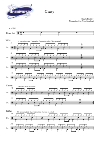 Crazy - Gnarls Barkley - Drum Sheet Music - AriaMus.com – DrumSetSheetMusic