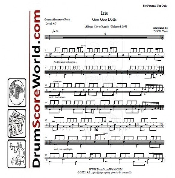 Iris - Goo Goo Dolls - Drum Sheet Music - DrumScoreWorld.com ...
