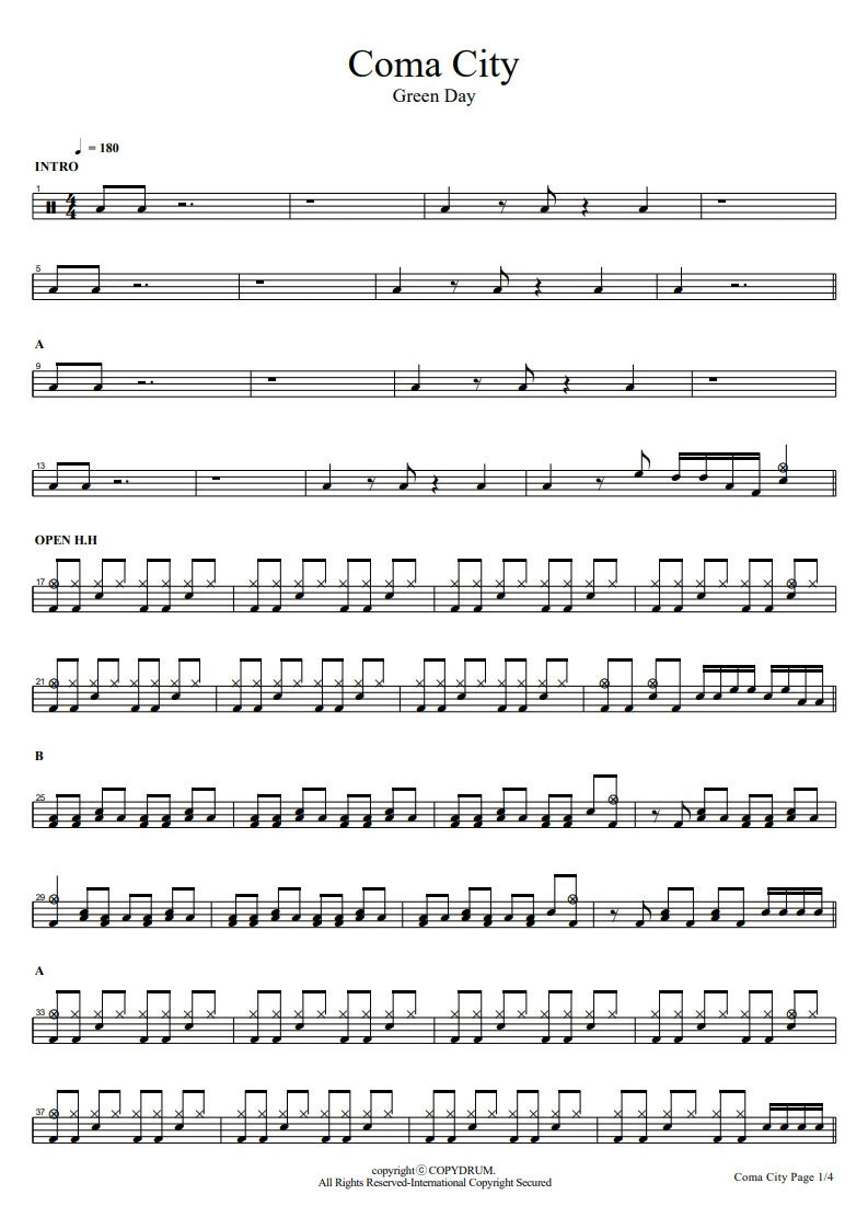 Coma City - Green Day - Drum Sheet Music - COPYDRUM – DrumSetSheetMusic