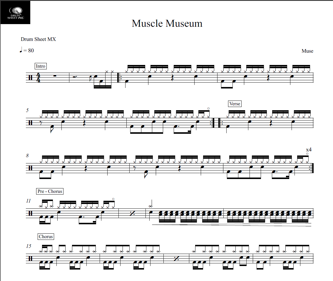 Muscle Museum - Muse - Drum Sheet Music - Drum Sheet MX – DrumSetSheetMusic