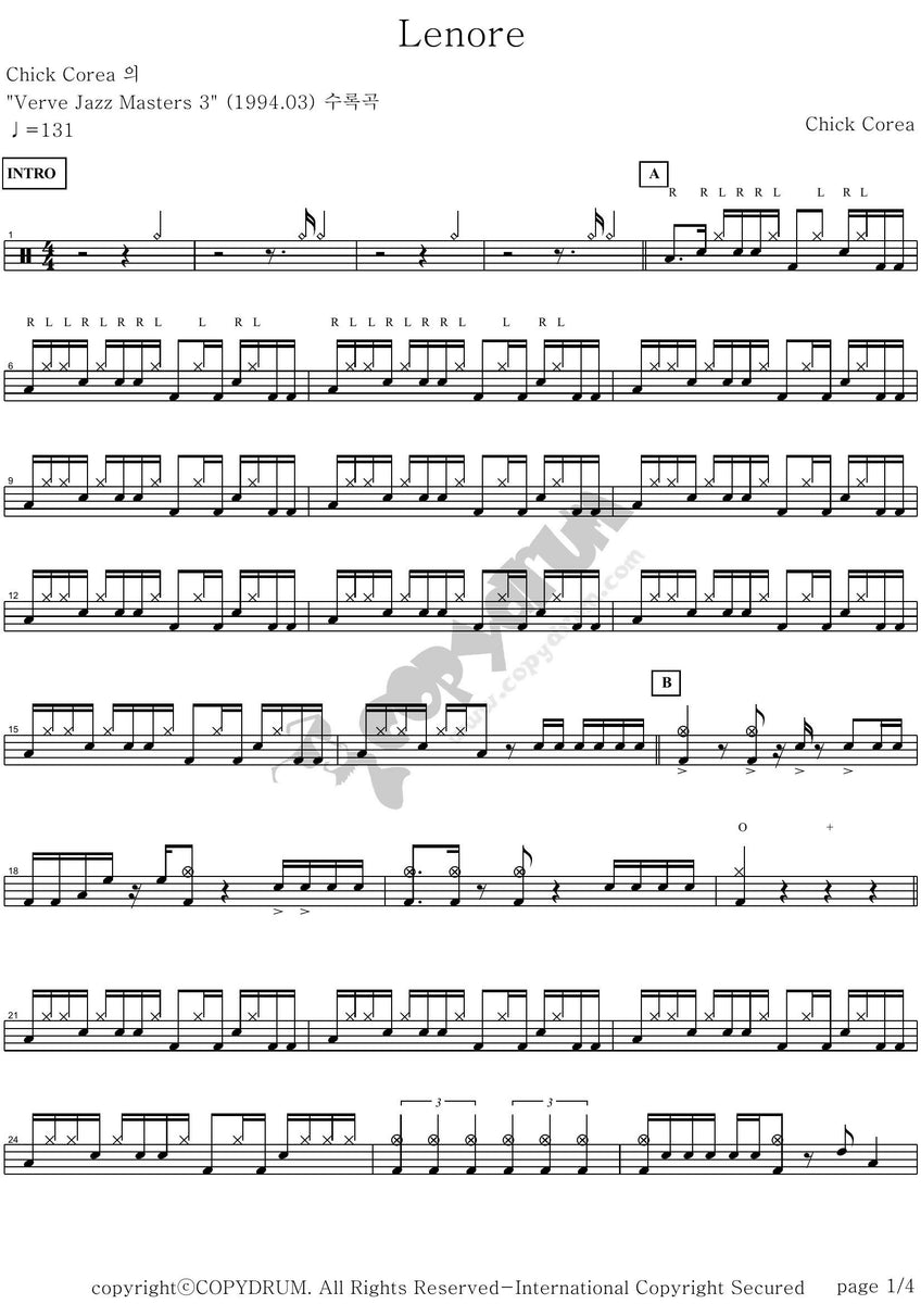 Lenore - Chick Corea - Full Drum Transcription / Drum Sheet Music - CO ...
