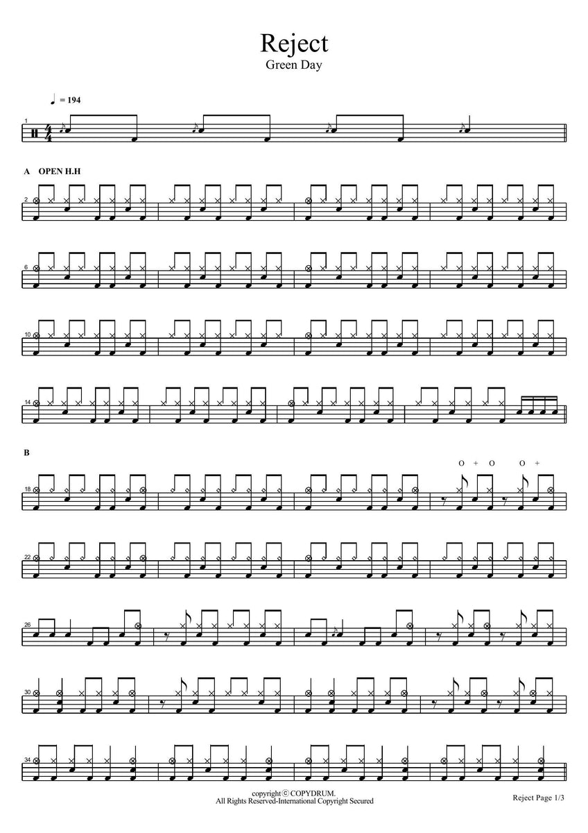 Reject - Green Day - Drum Sheet Music - COPYDRUM – DrumSetSheetMusic