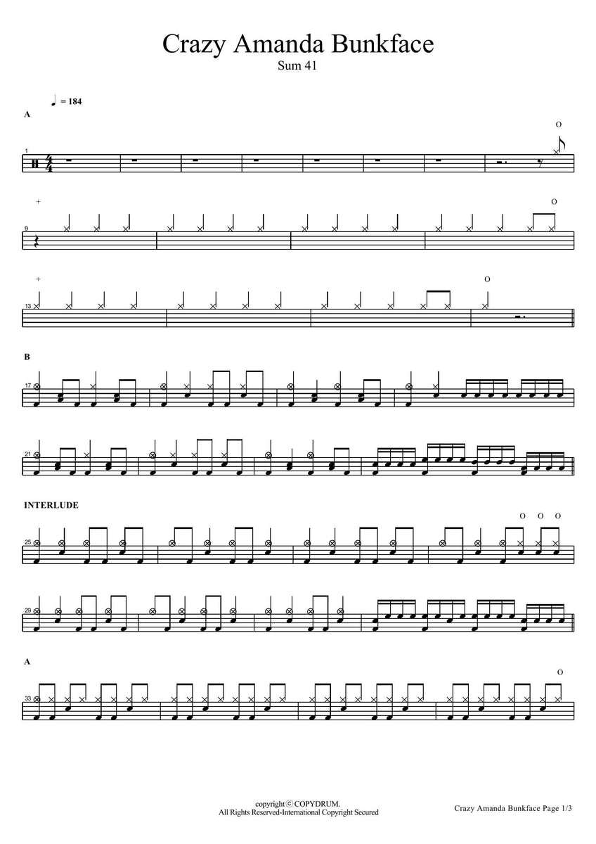 Crazy Amanda Bunkface - Sum 41 - Full Drum Transcription / Drum Sheet ...