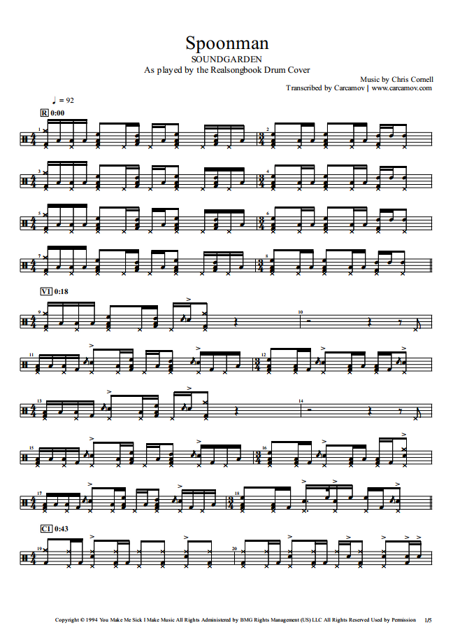 Spoonman - Soundgarden - Drum Sheet Music - Realsongbook ...