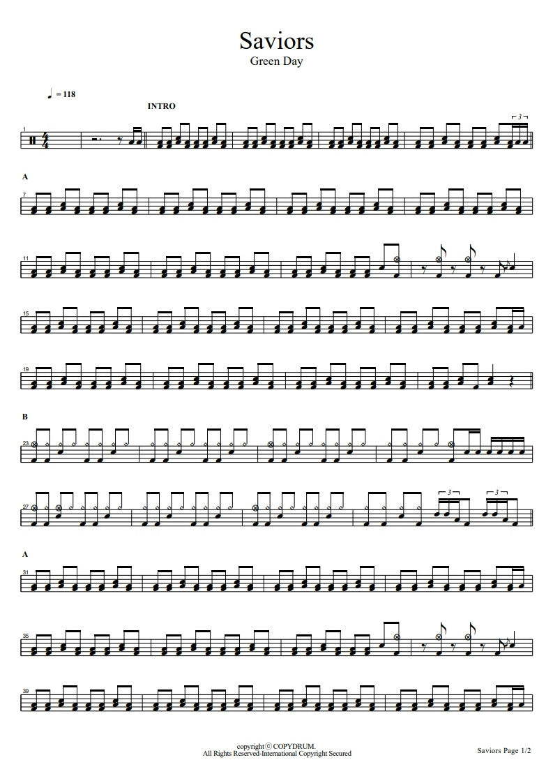 Saviors - Green Day - Drum Sheet Music - COPYDRUM – DrumSetSheetMusic