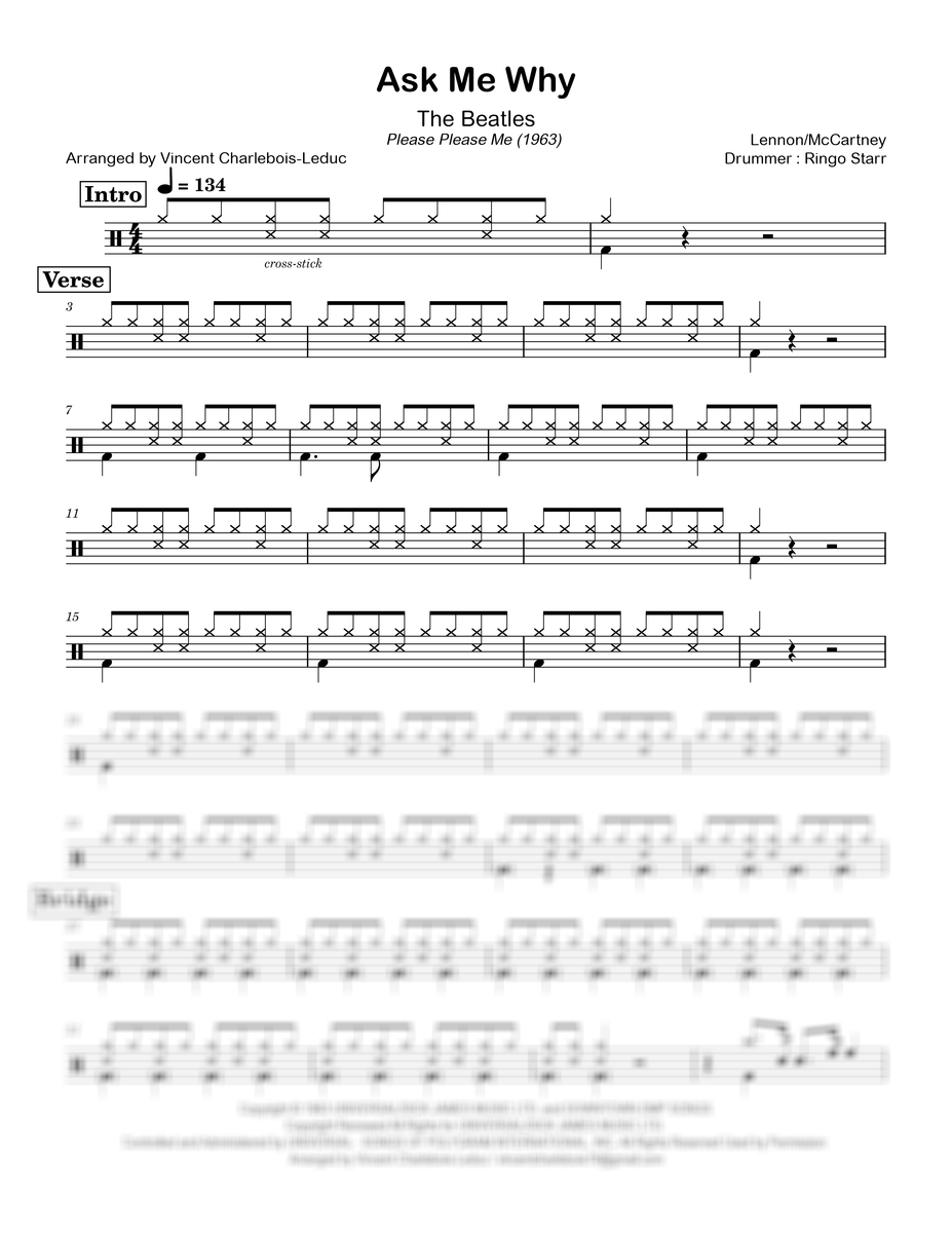 Ask Me Why - The Beatles - Drum Sheet Music - Vince’s Scores ...